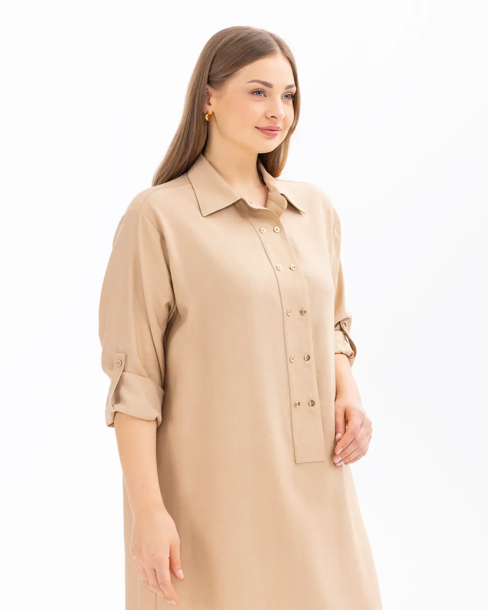 Plus Size Foldable Sleeve Button Dress Secilstore
