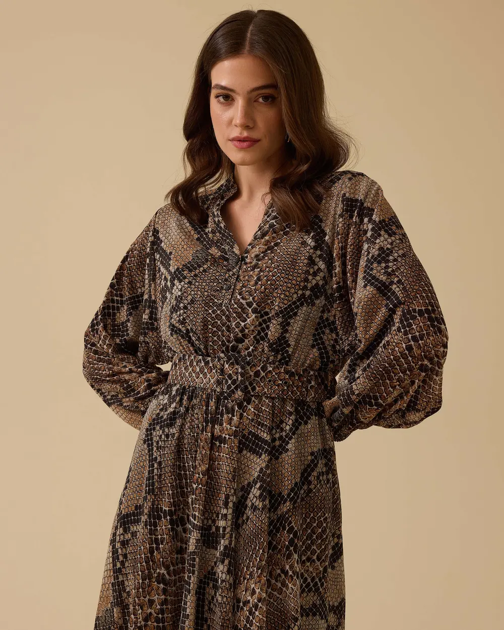 Belted Waist Patterned Midi Chiffon Dress Secilstore