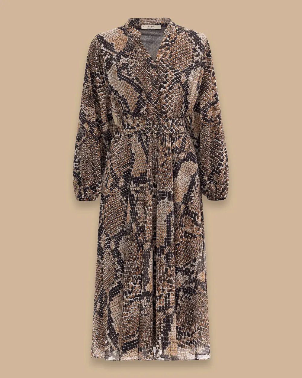 Belted Waist Patterned Midi Chiffon Dress Secilstore