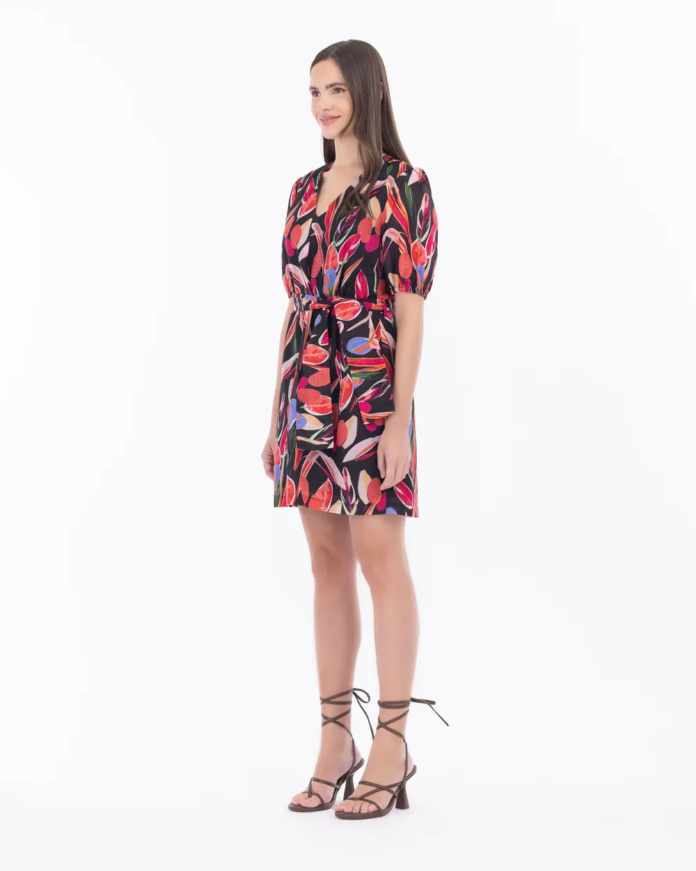 Tie Detailed V Neck Patterned Dress Secilstore