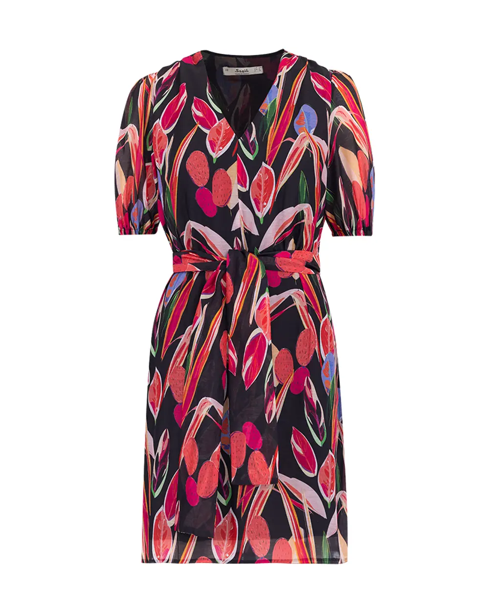 Tie Detailed V Neck Patterned Dress Secilstore