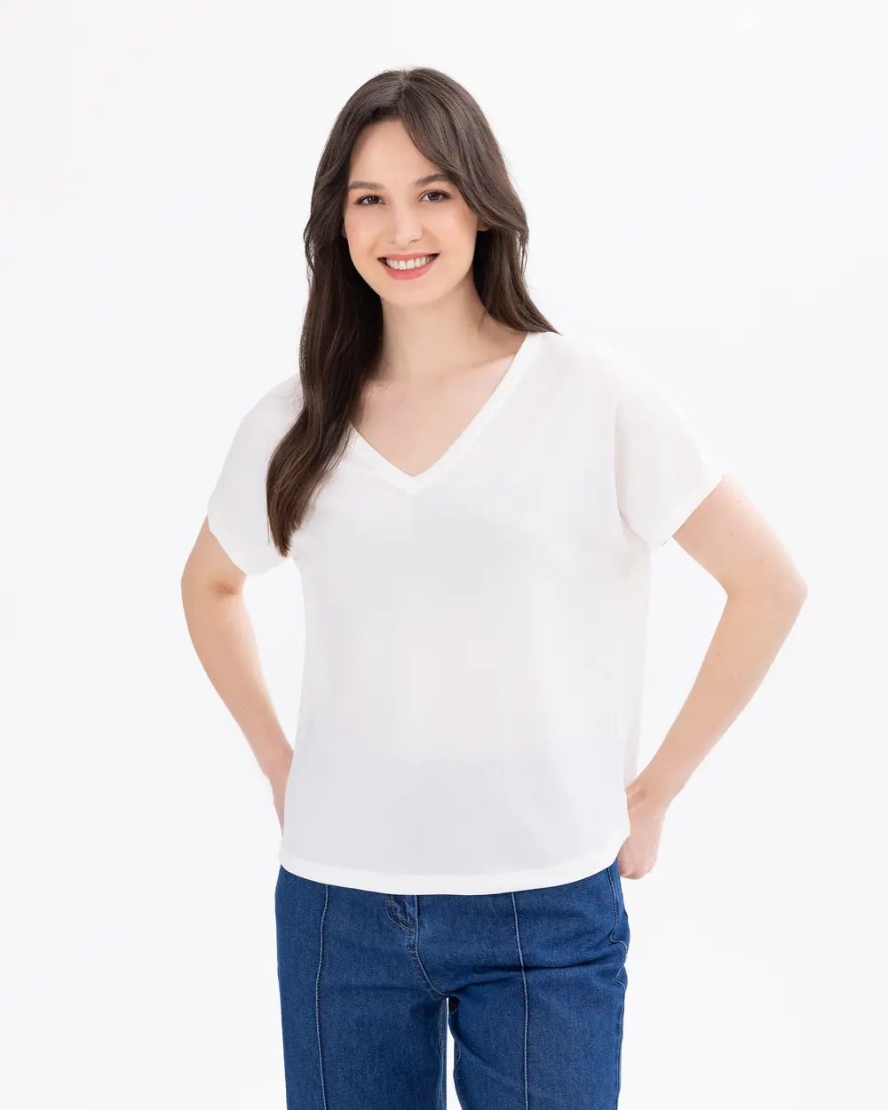 V-Neck Waist Length Basic T-Shirt - SecilStore