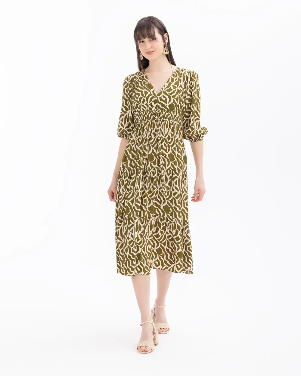 V Neck Patterned Dress With Drawstring Waist Secilstore
