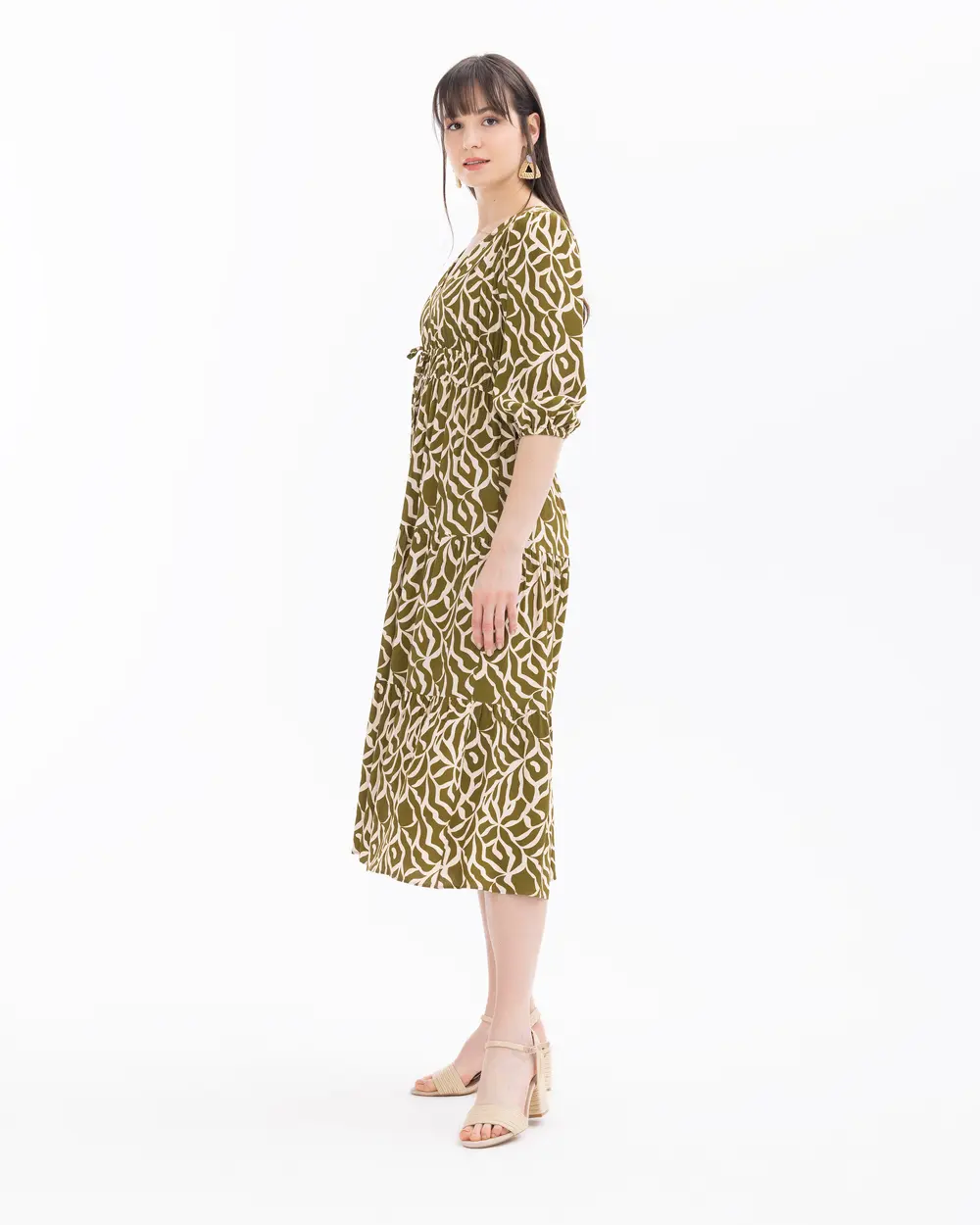 V Neck Patterned Dress With Drawstring Waist Secilstore