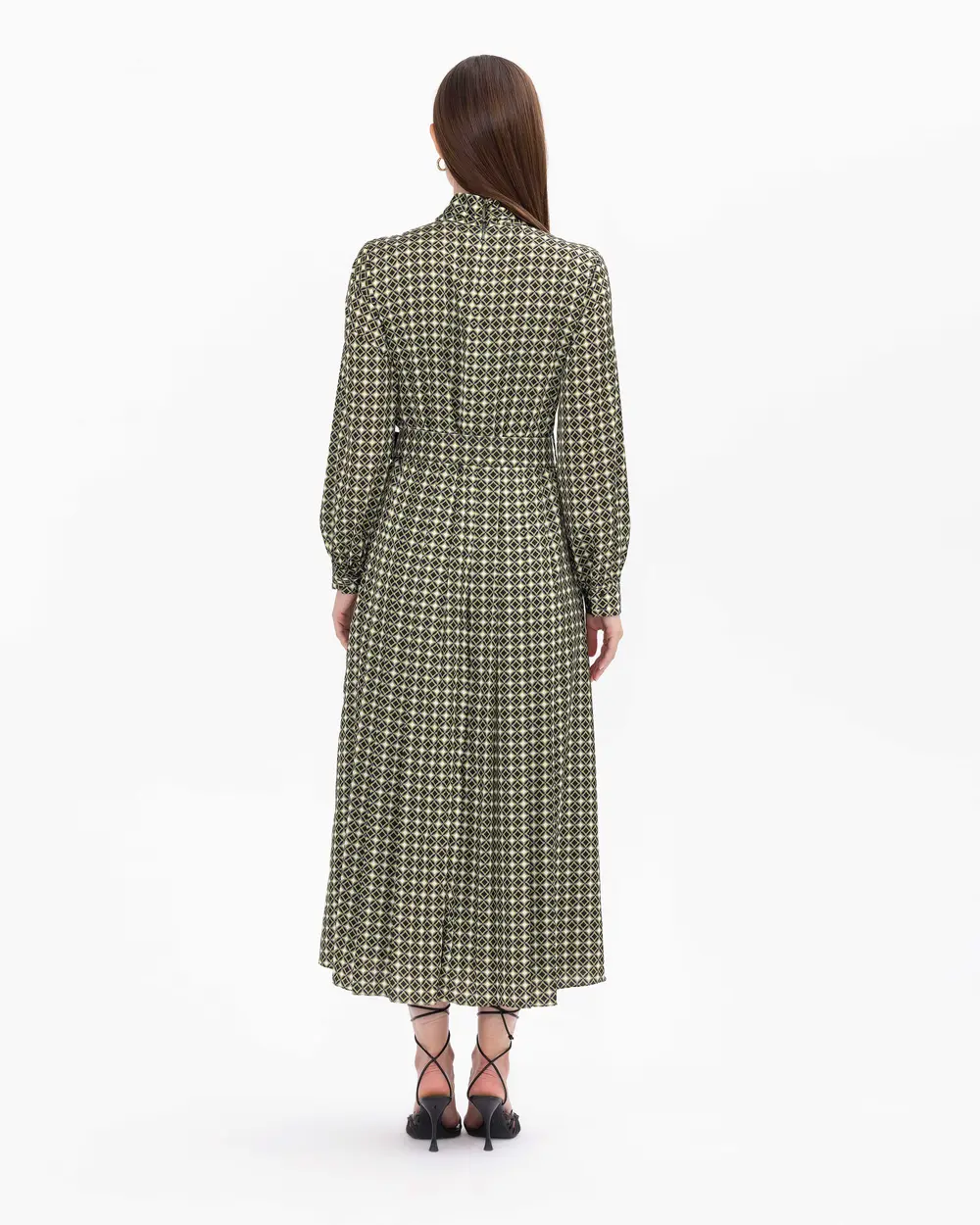 Geometric Patterned Belted Dress With Scarf On The Collar Secilstore