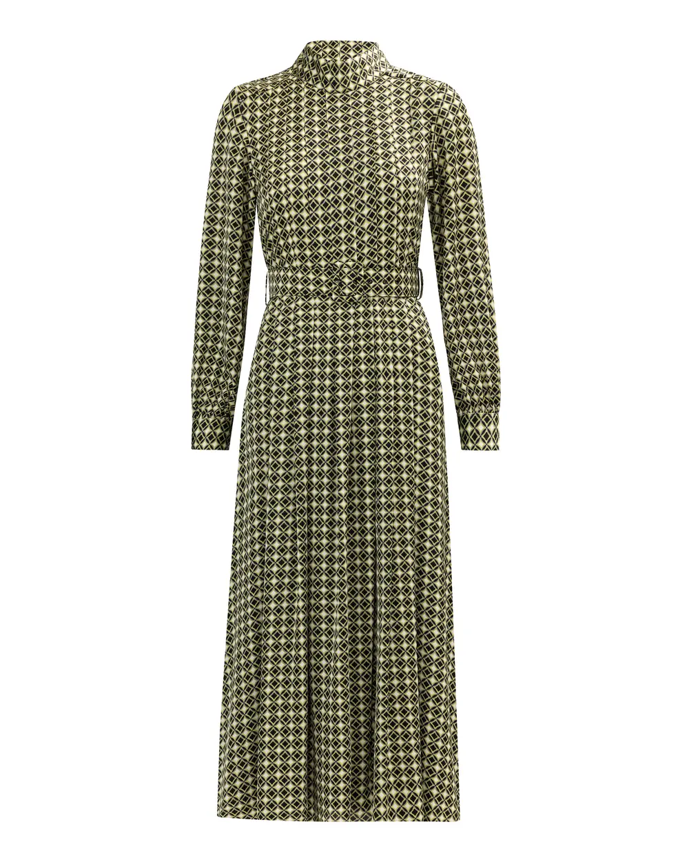 Geometric Patterned Belted Dress With Scarf On The Collar Secilstore