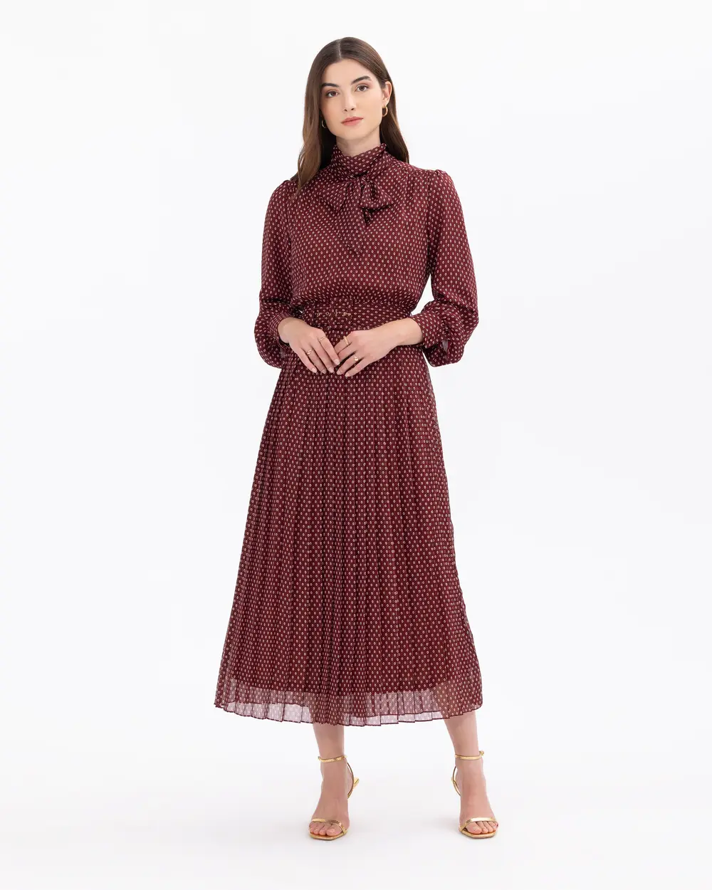 Patterned Shawl Collar Belted Dress Secilstore