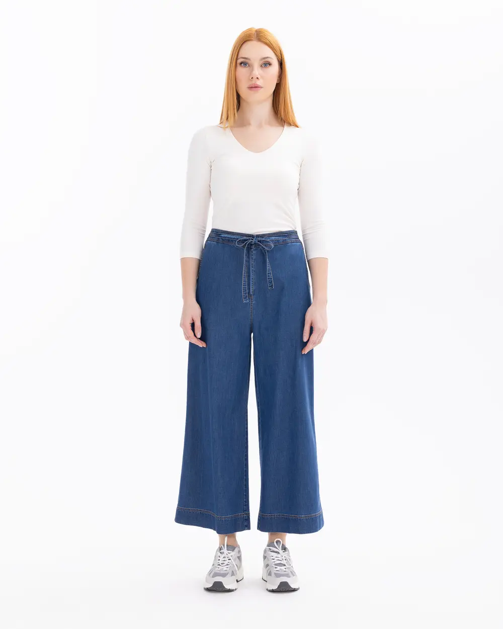 Wide Leg Belted Jean Pants with Pocket Details - SecilStore