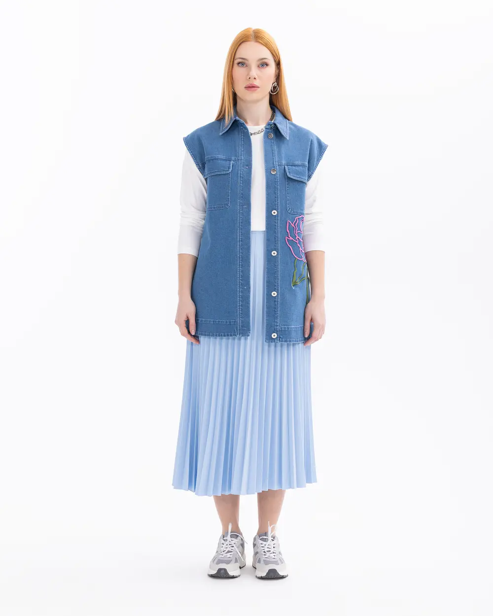 Flower Embroidered Hip Length Jean Vest - SecilStore