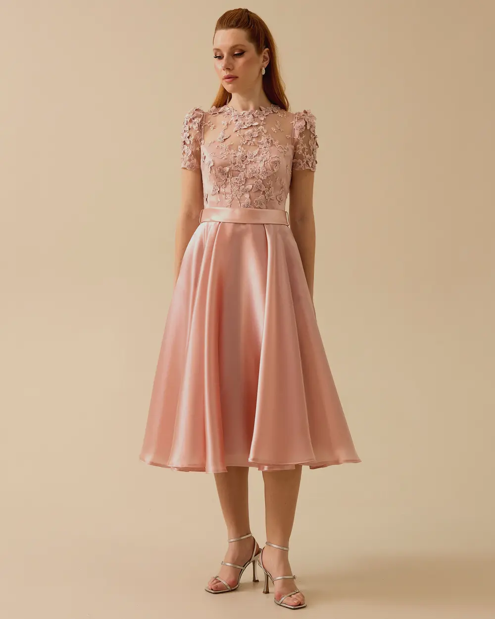 Short Sleeve Satin Midi Length Evening Dress with Stones - Ilmio