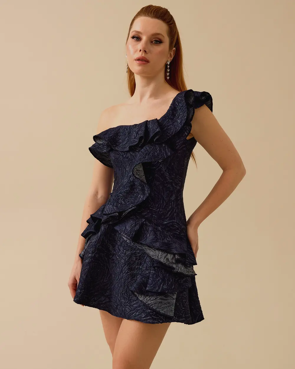 One Shoulder Ruffle Mini Length Evening Dress - Ilmio